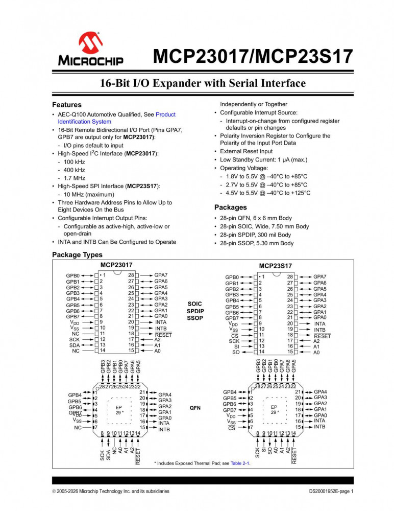 MCP23017 datasheet page 1