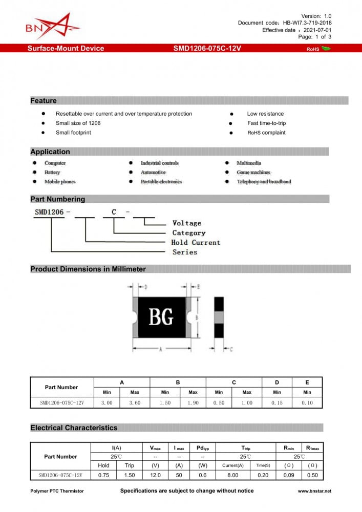 BNstar SMD1206-075C-12V datasheet page 1