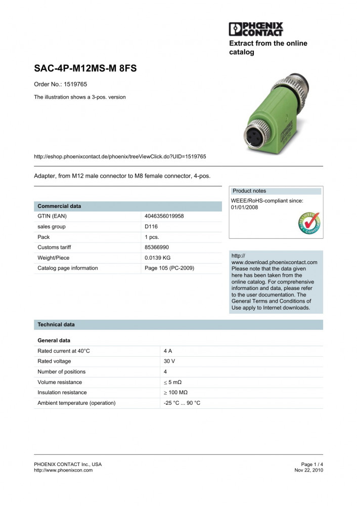 Phoenix Contact 1519765 technical catalog page