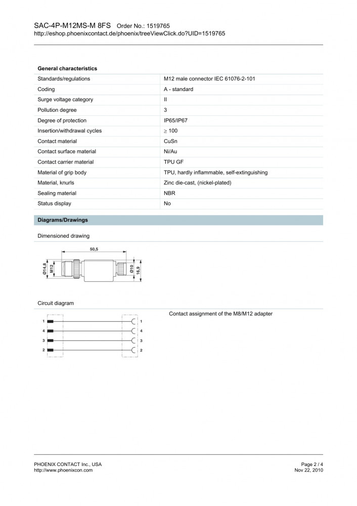 Phoenix Contact 1519765 product notes and technical data