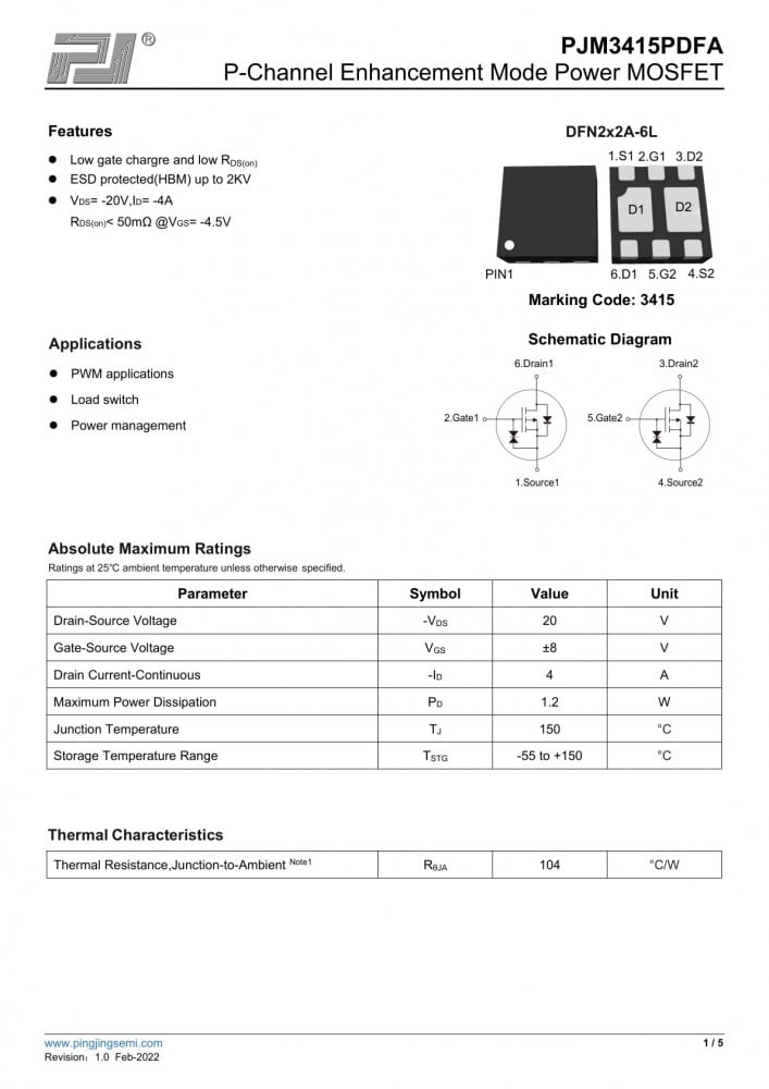 PJM3415PDFA datasheet page 1
