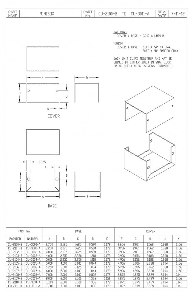 Bud Industries MiniBox dimensional drawing reference for CU-2100-B