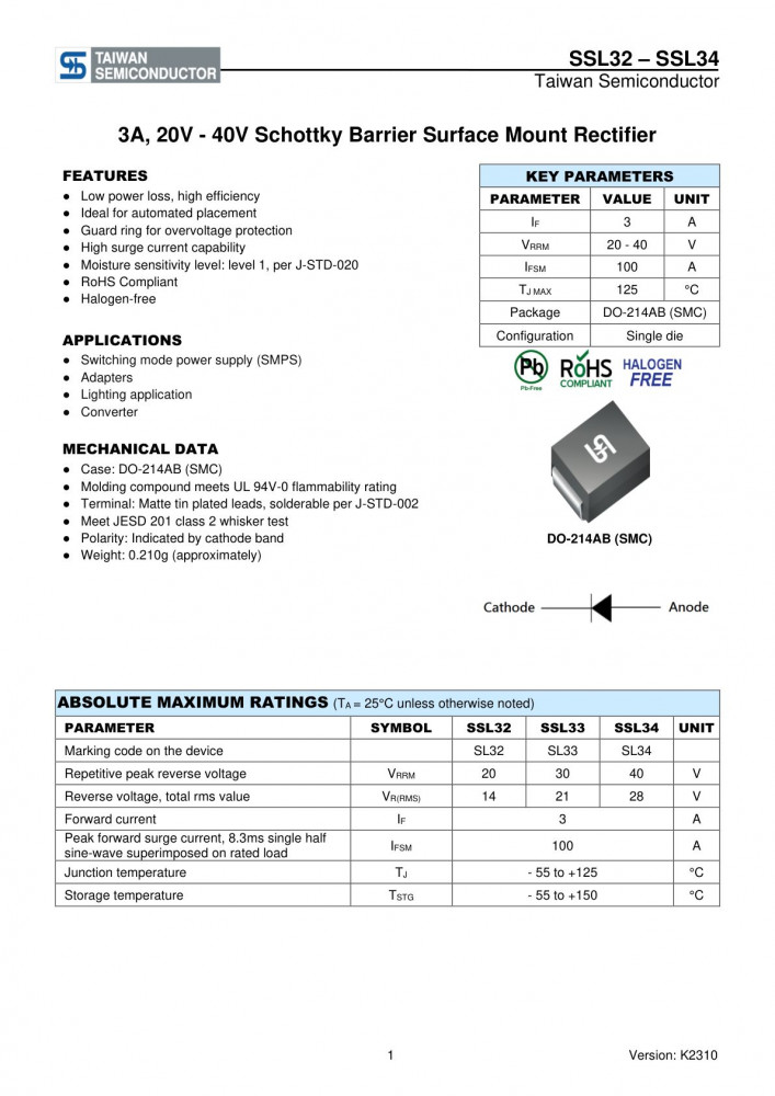 Taiwan Semiconductor SSL33 datasheet page 1