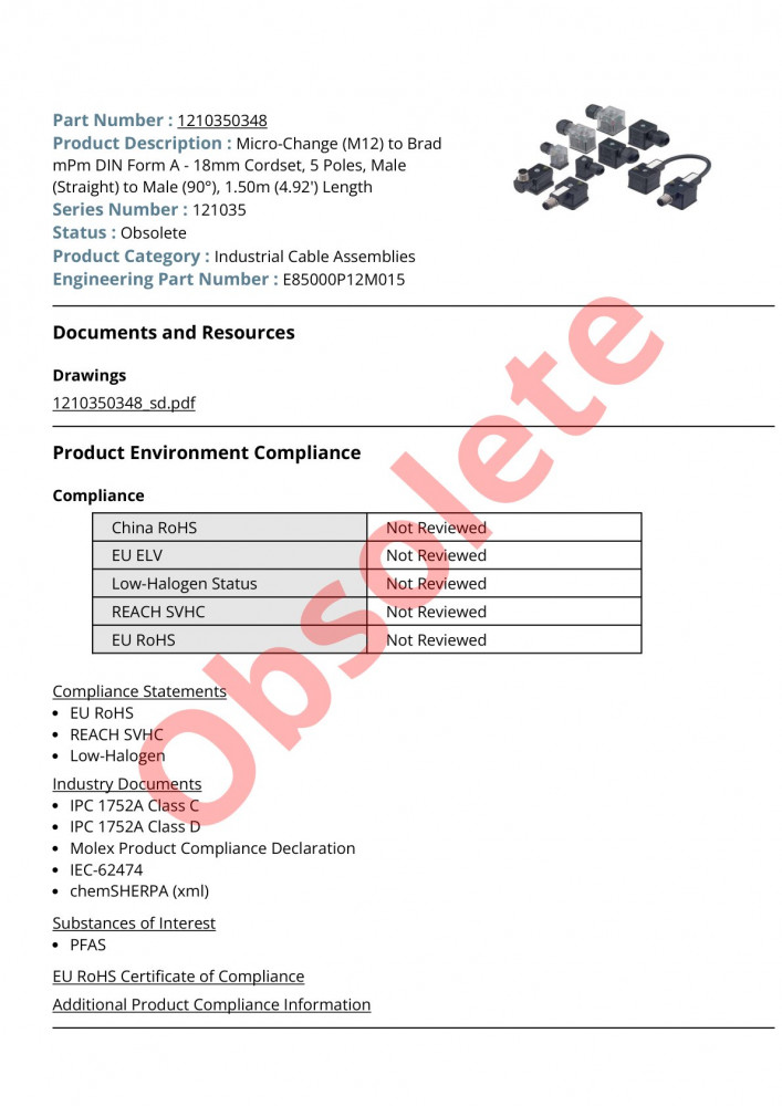 Molex E850 cordset technical document page 1