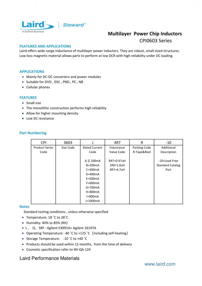 Laird CPI0603 Series datasheet page 1
