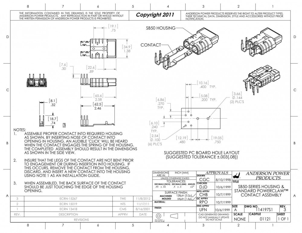 Anderson Power SB50-series housing and standard contact assembly drawing preview