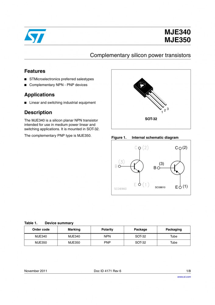 MJE340 datasheet page 1