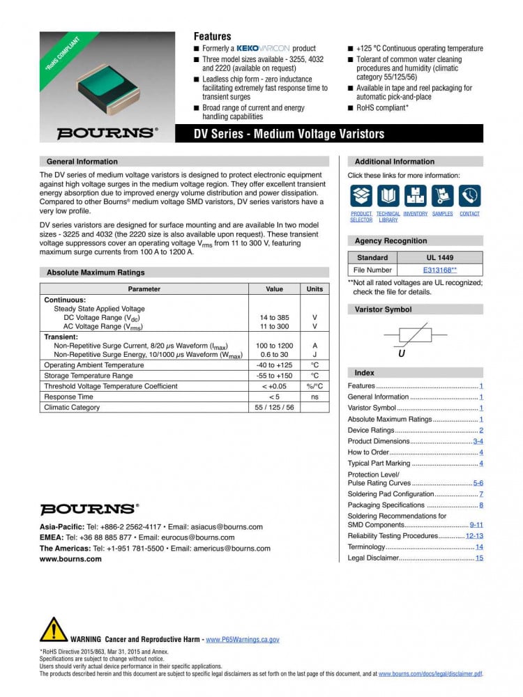 BOURNS DV Series datasheet page 1