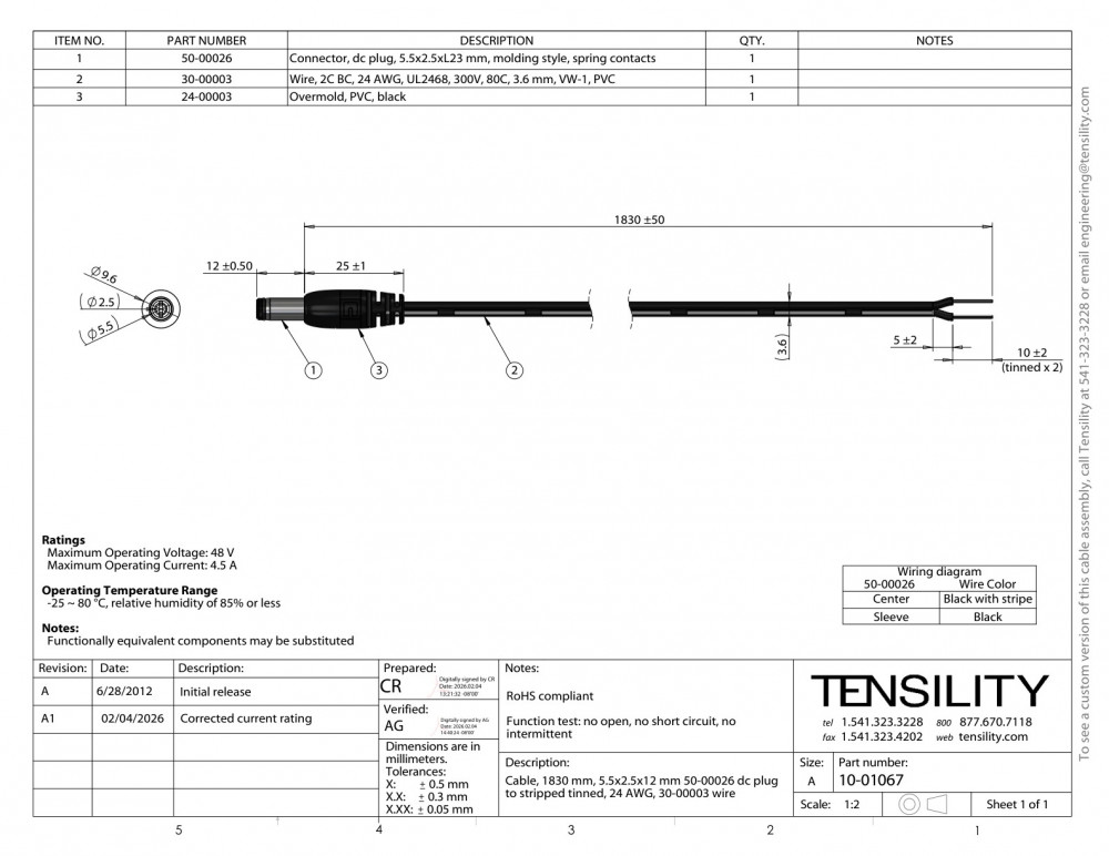 Tensility International 10-01067 product drawing and cable assembly documentation