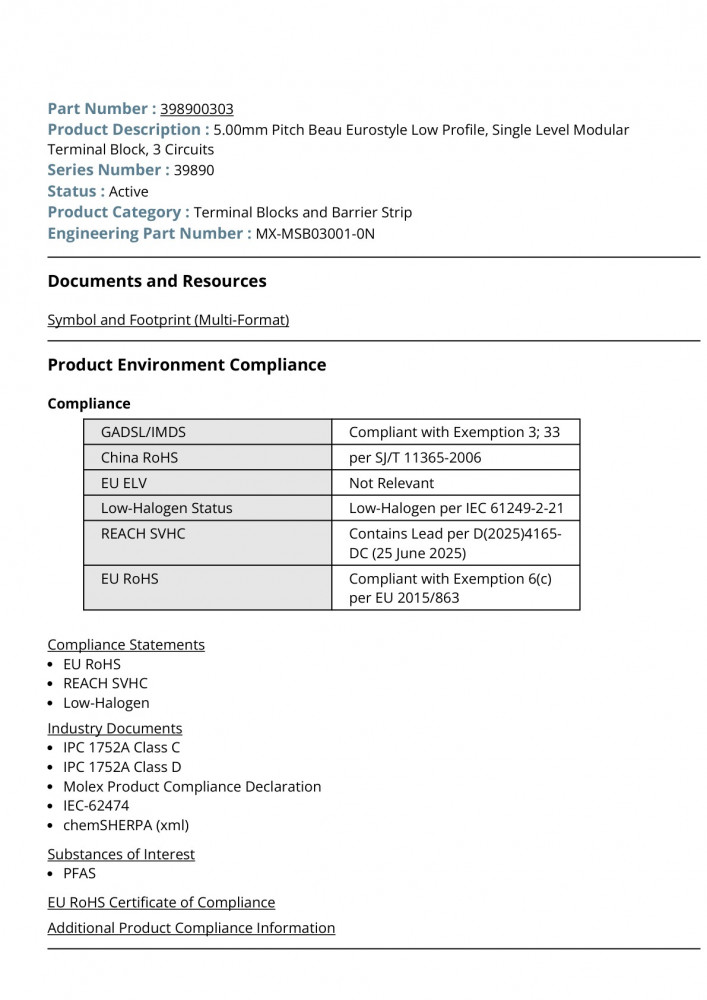 Technical document page 1 for MOLEX 398900303
