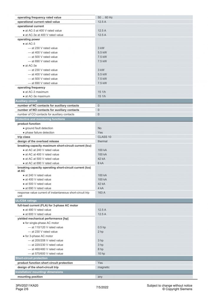 3RV20211KA20 datasheet page 2