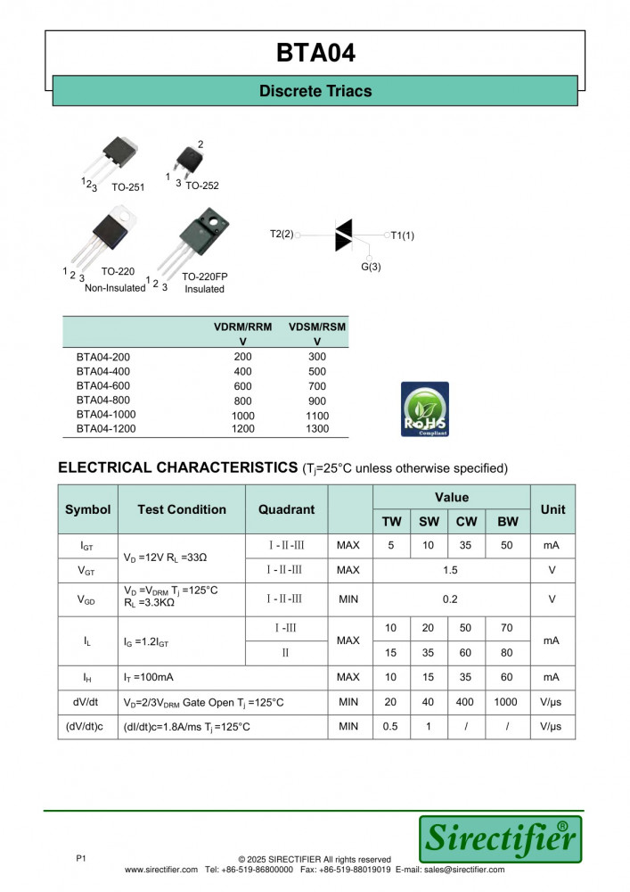BTA04 datasheet page 1