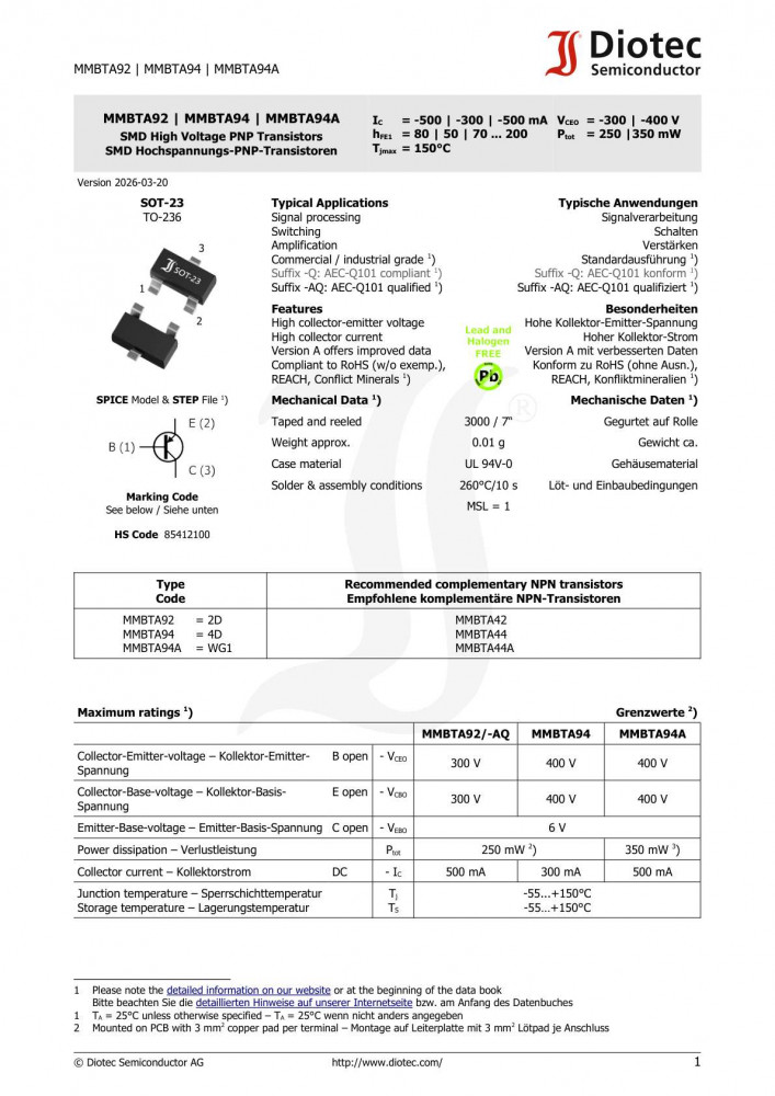 DIOTEC MMBTA92 family datasheet page 1