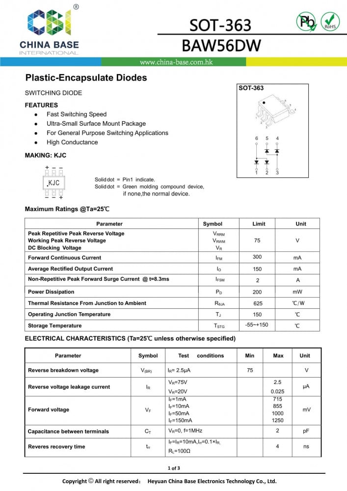 BAW56DW datasheet page 1