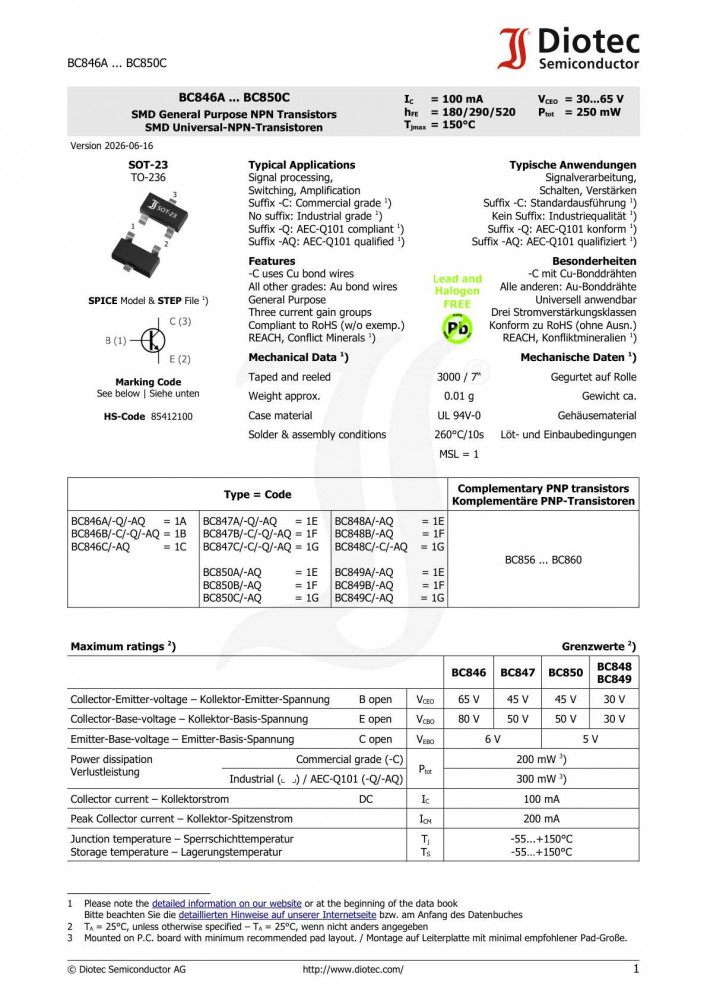 DIOTEC BC846A-Q datasheet page 1