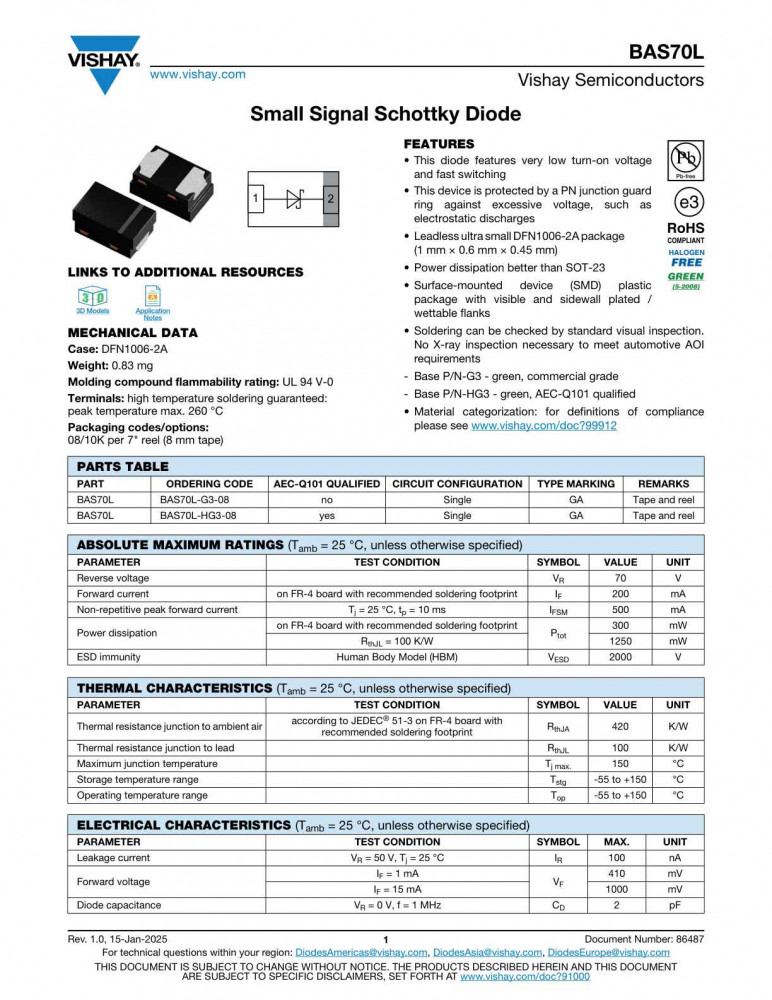 Vishay BAS70L datasheet page 1