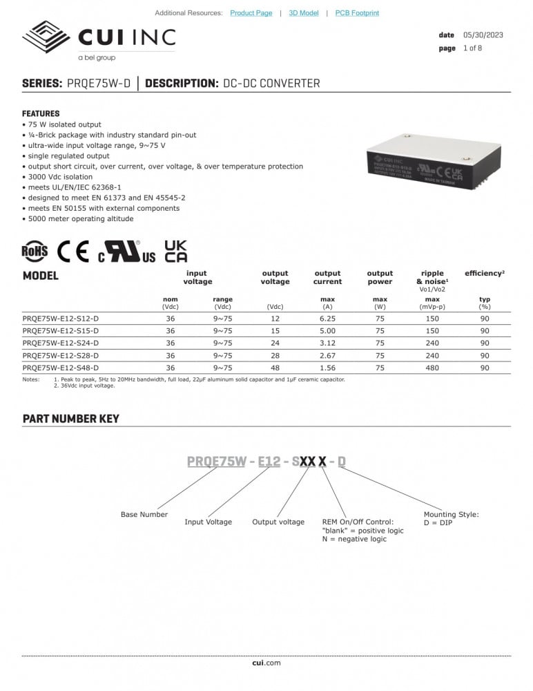 CUI PRQE75W datasheet page 1