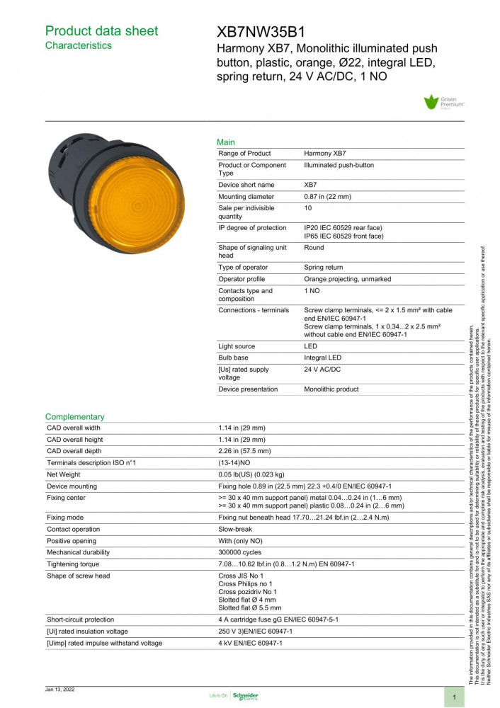 XB7NW35B1 technical document page 1