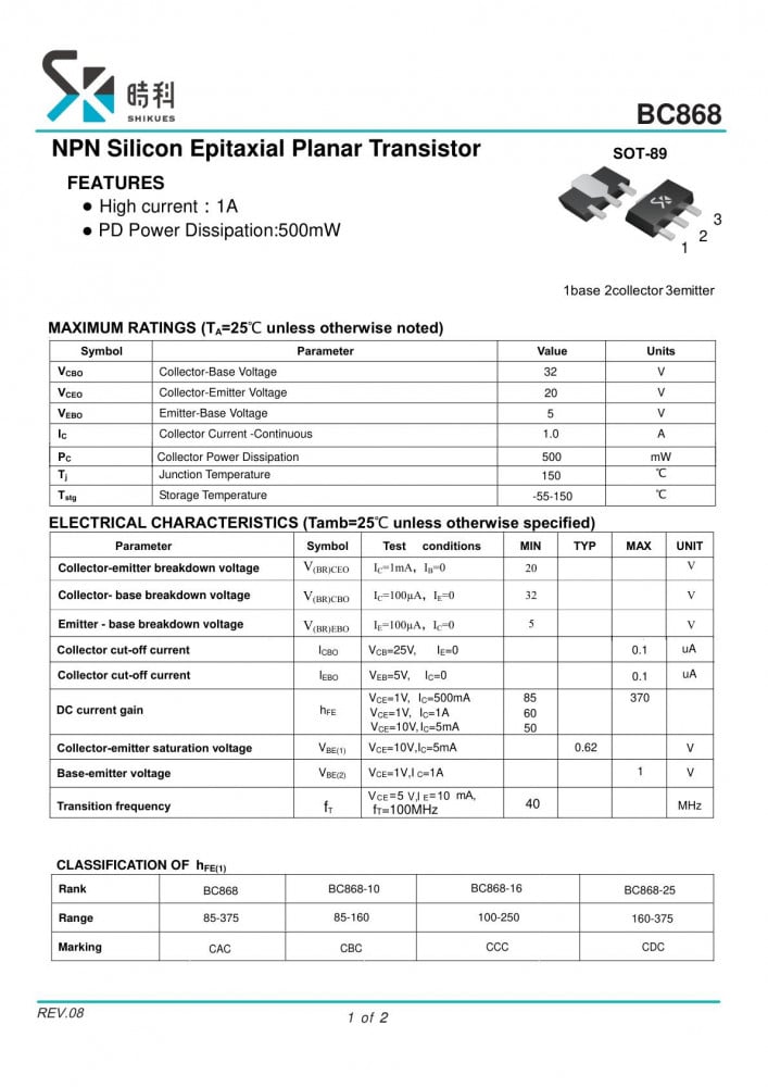 BC868 technical document page 1