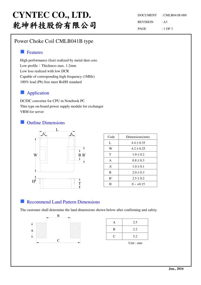Cyntec product document page 1