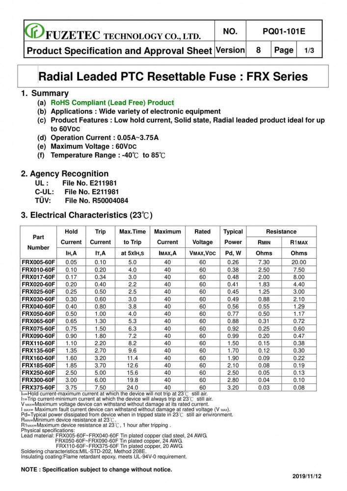 FRX Series specification sheet page 1