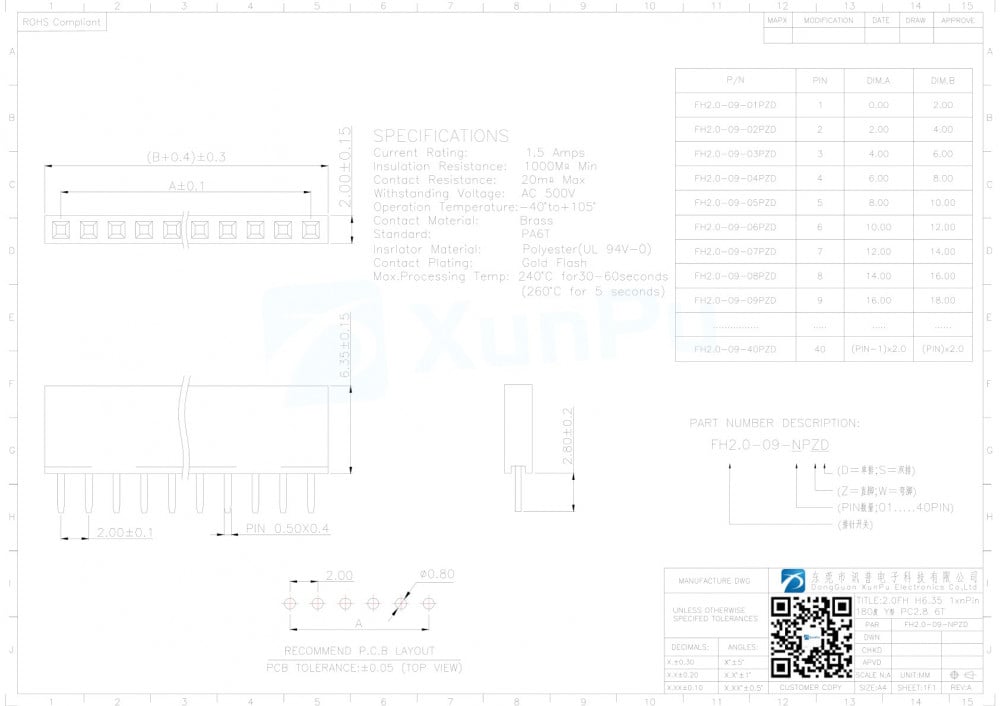 XUNPU FH2.0-09-05PZD technical drawing