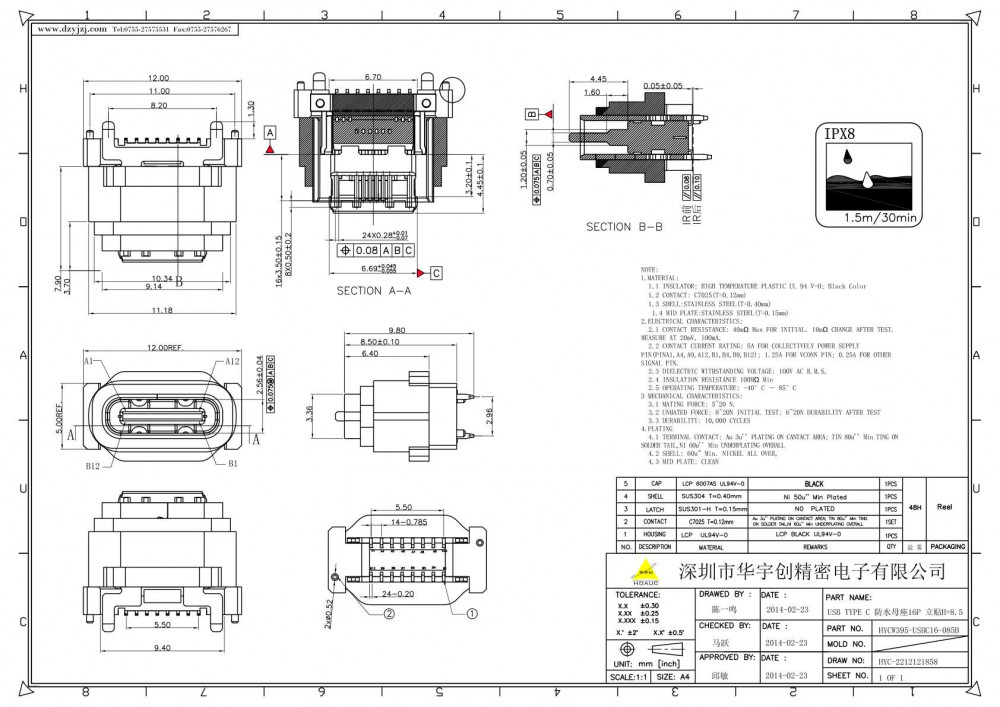 HOAUC HYCW395-USBC16-085B mechanical drawing and specifications
