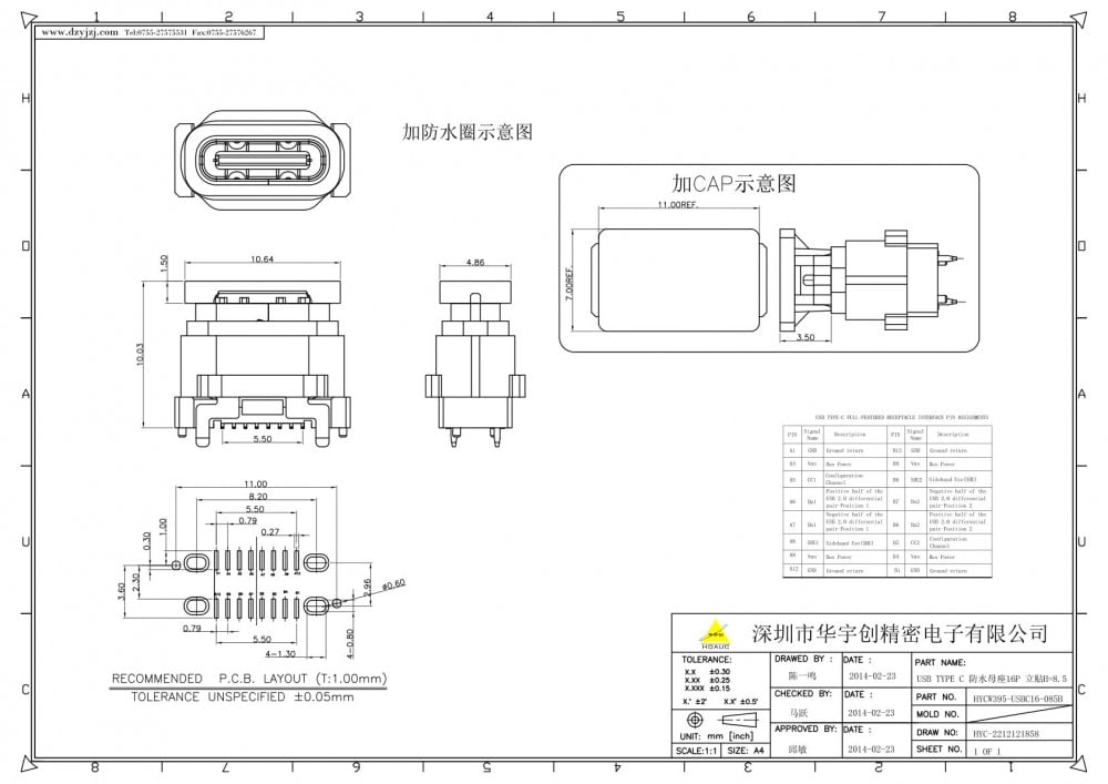 HOAUC HYCW395-USBC16-085B USB Type-C pin assignment