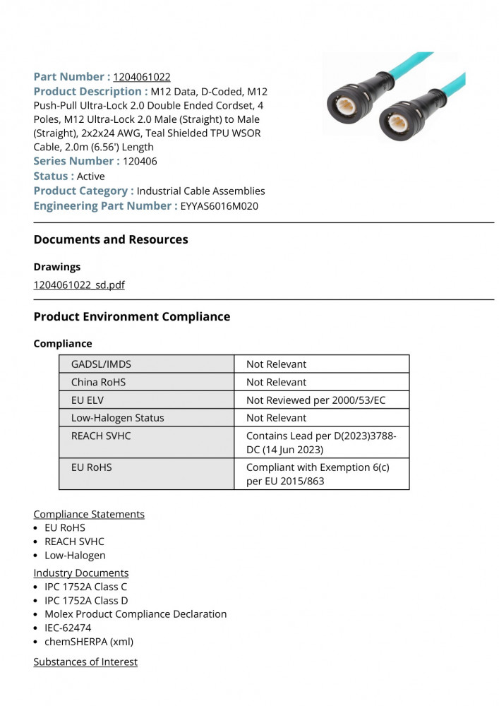 MOLEX 120406 cordset product drawing, page 1