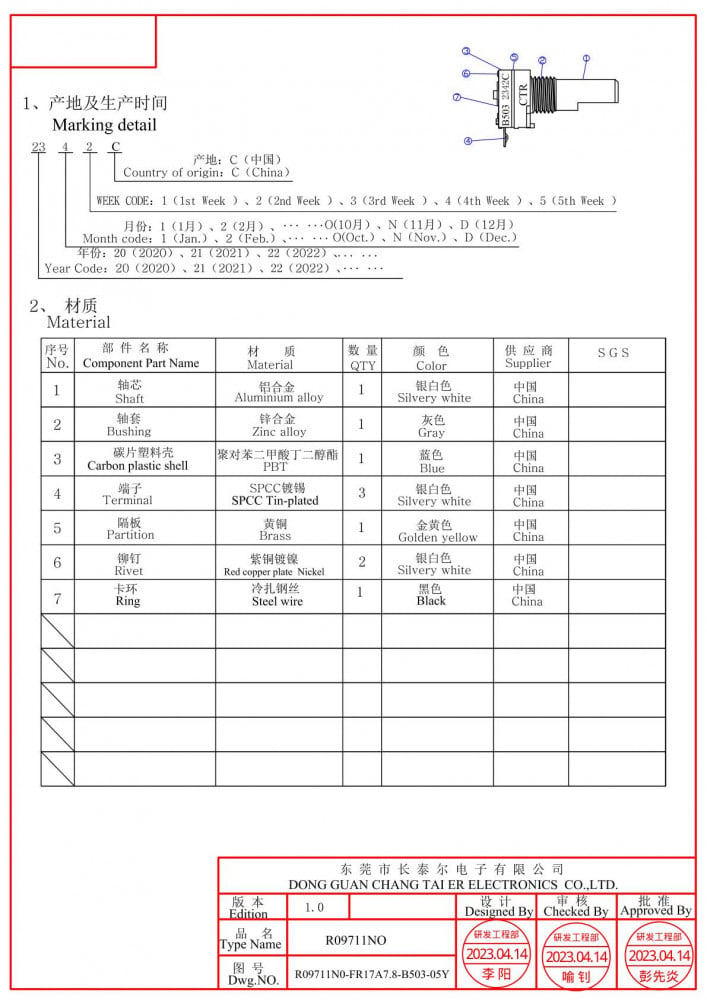 CTR R09711N0-FR17A7.8-B503-05Y marking and materials