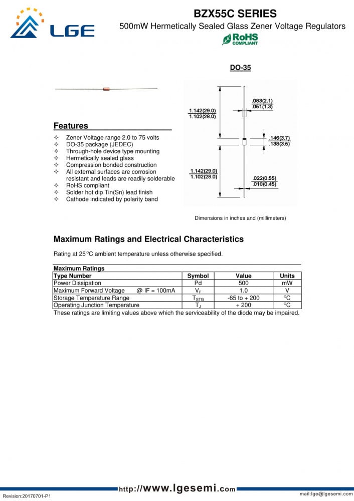LGE BZX55C2V7 datasheet page 1