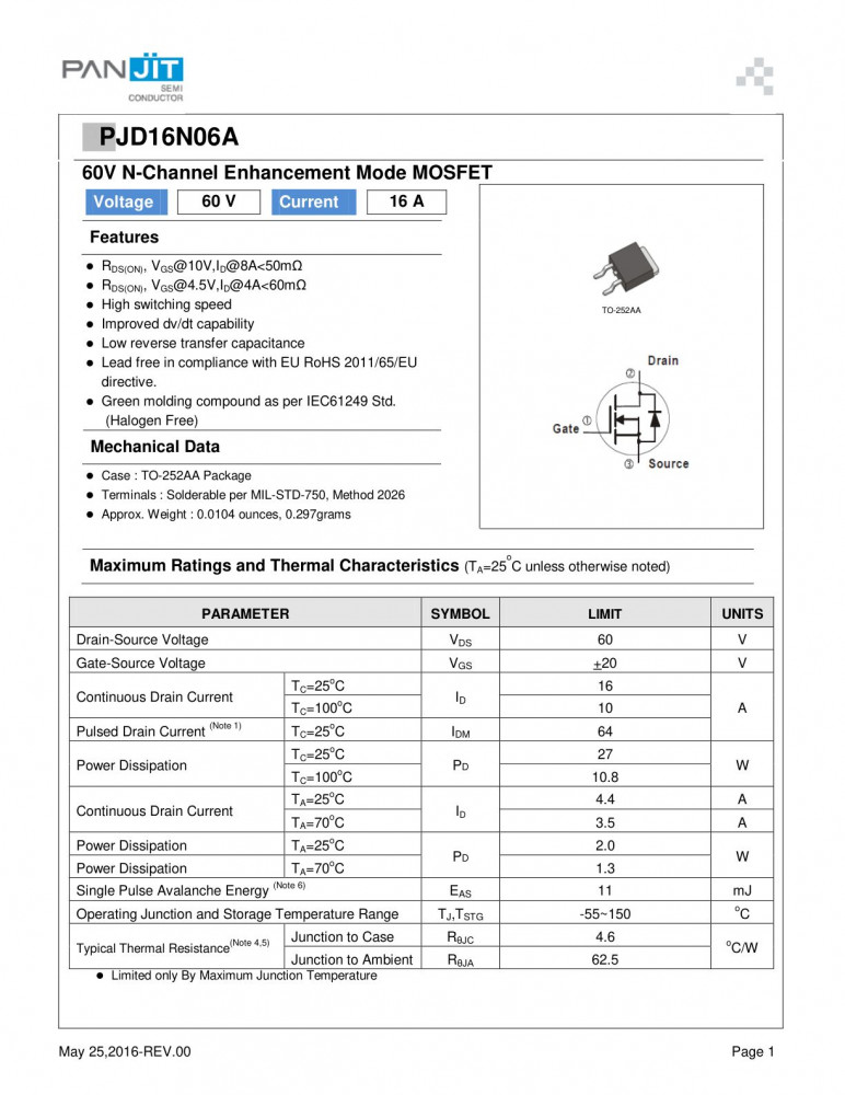 PJD16N06A datasheet page 1
