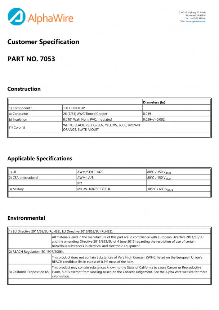 Alpha Wire 7053 specification page 1
