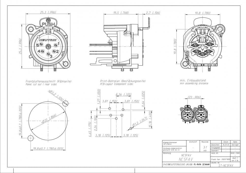 Neutrik NC5FAV mechanical drawing