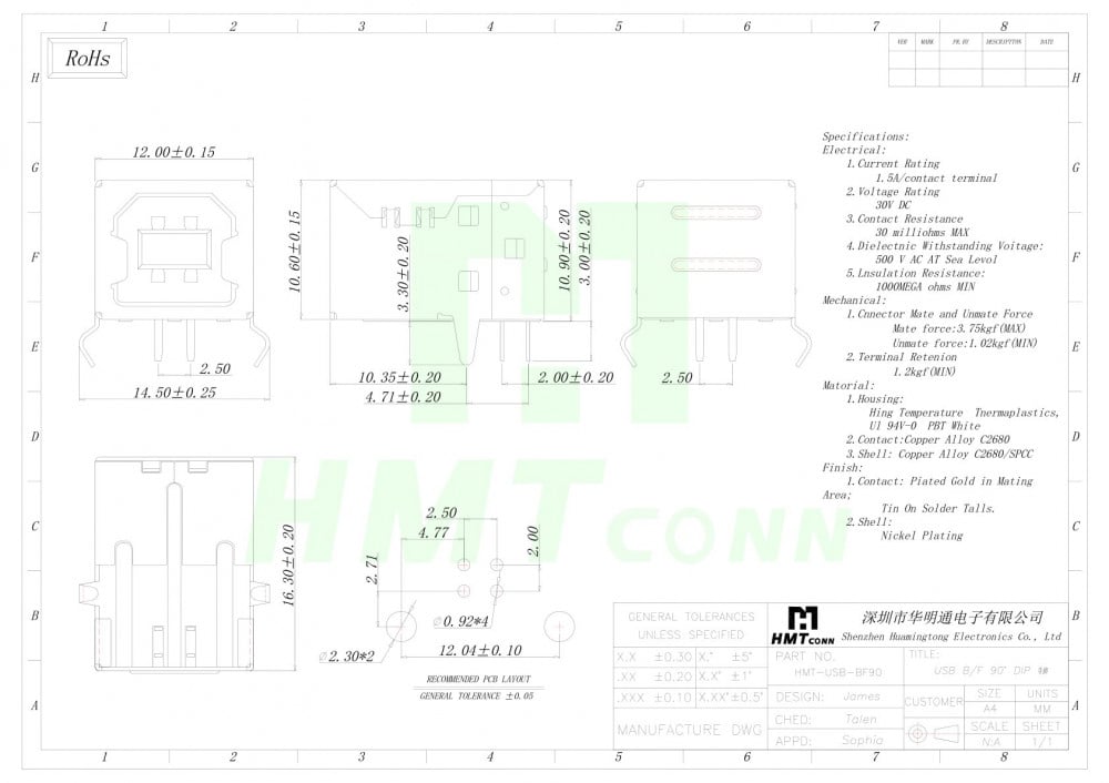 HMTCONN HMT-USB-BF90 USB B/F 90 degree DIP drawing