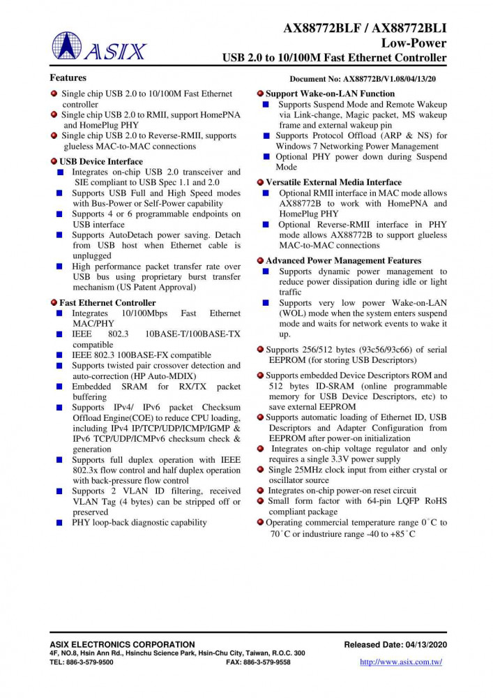 AX88772BLI datasheet page 1
