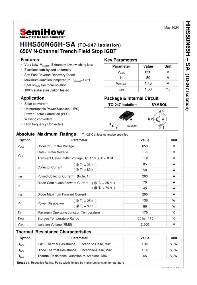 HIHS50N65H-SA datasheet page 1