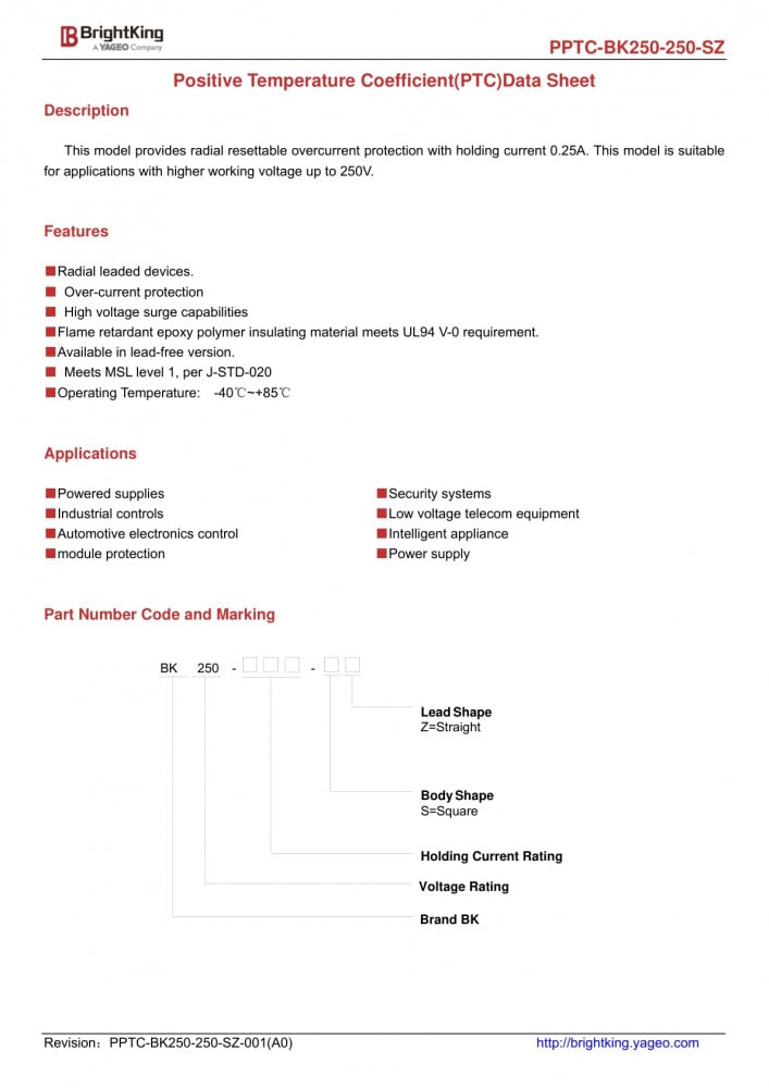 BK250-250 datasheet page 1
