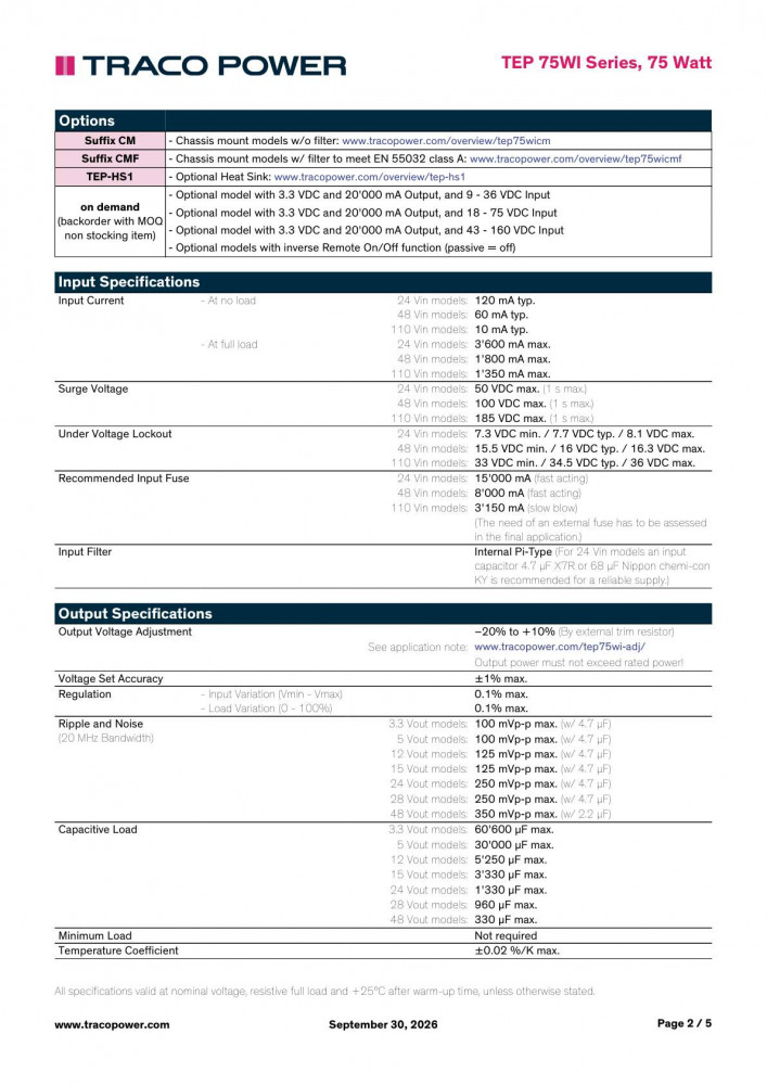 TEP 75WI Series technical document page 2