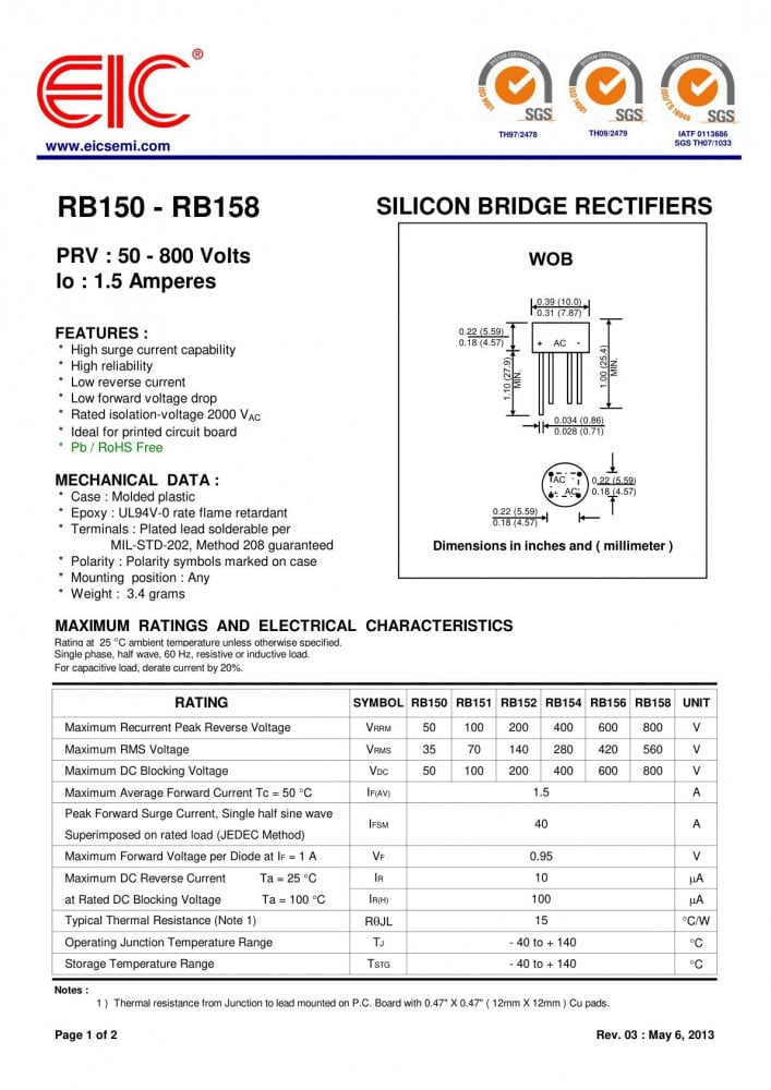 EIC RB154 datasheet page 1