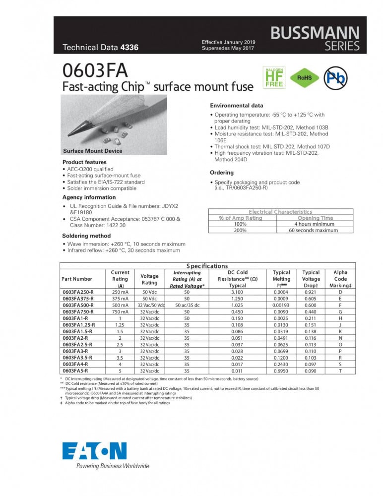 EATON 0603FA fuse technical document page 1