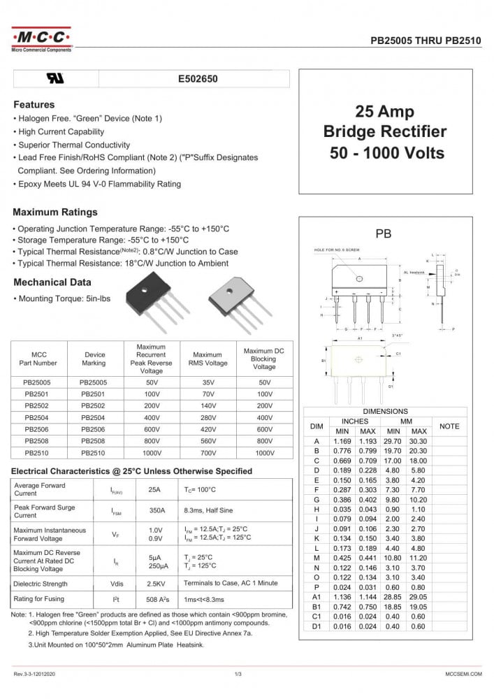 MCC PB2510-BP datasheet page 1