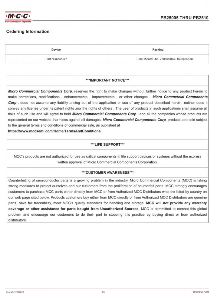 MCC PB2510-BP datasheet page 3