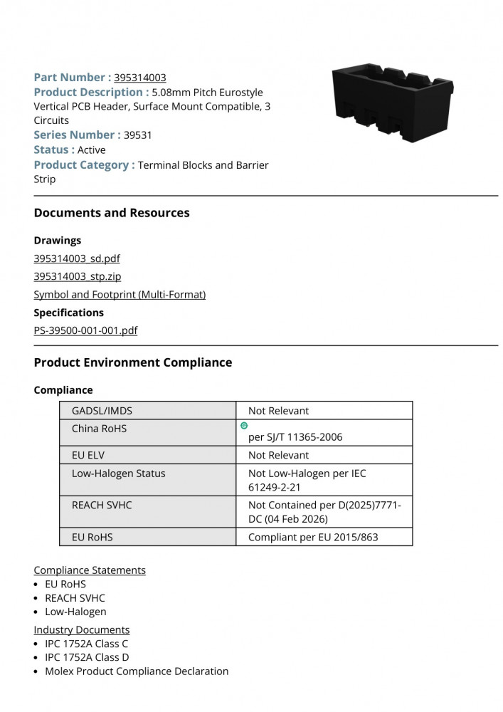 MOLEX 395314003 technical drawing, page 1