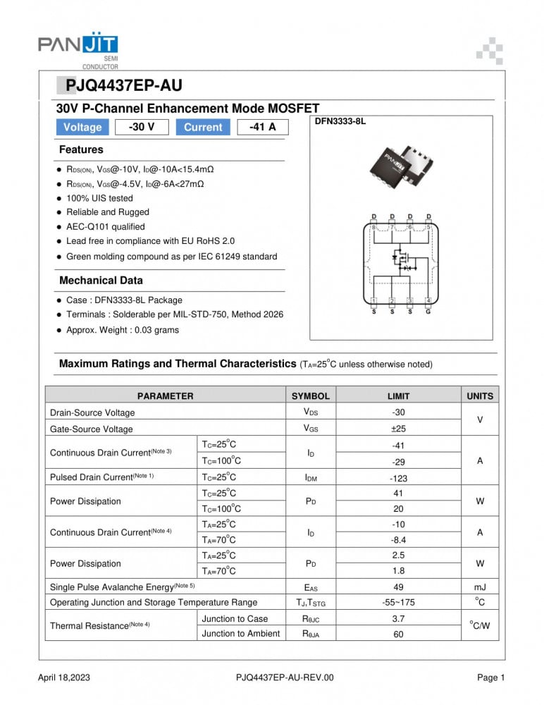 PJQ4437EP-AU datasheet page 1