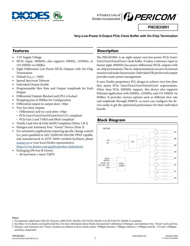 PI6CB33801 datasheet page 1