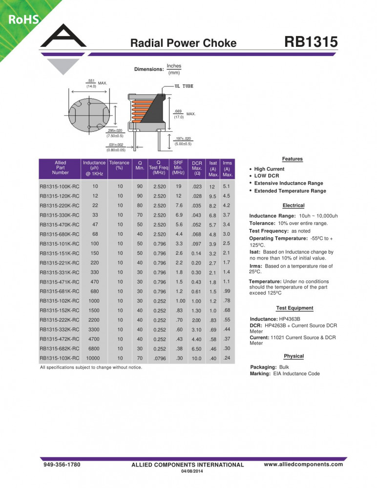 RB1315 series technical datasheet page