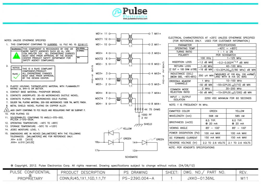 PULSE JXK0-0136NL technical drawing page 1