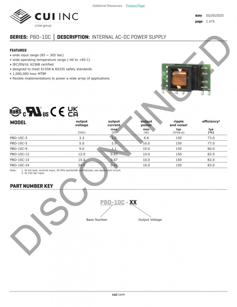 CUI PBO-10C datasheet page 1