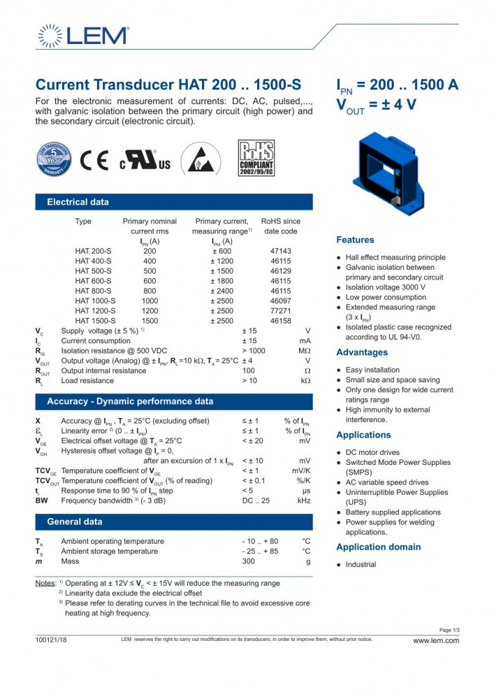 LEM HAT1000-S technical document page 1
